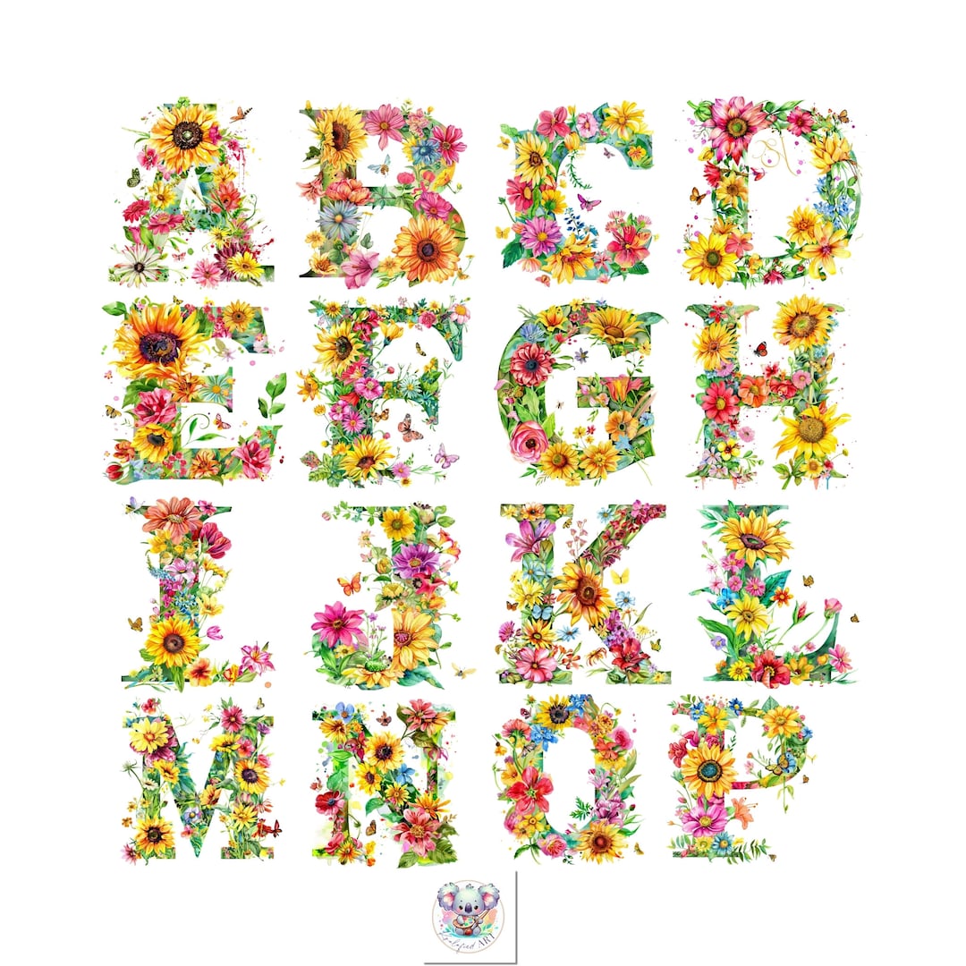 Watercolor Sunflower Alphabet Clipart: Floral Letter PNG Set (digital ...