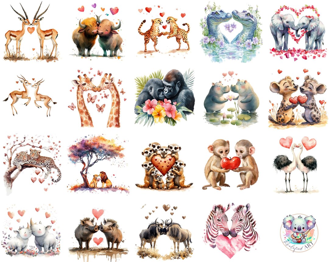 Safari Valentine Animals Clipart PNG, Watercolor Love Wildlife Art ...
