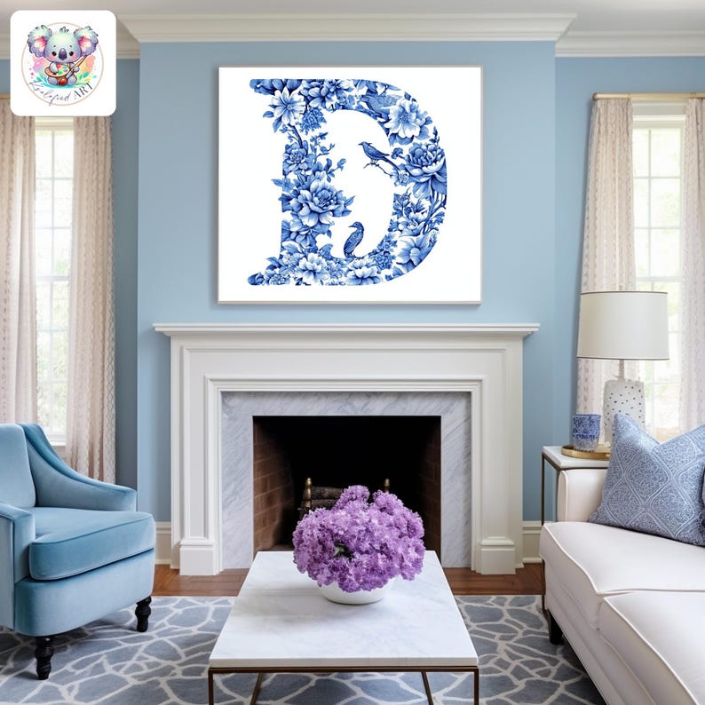 Blue Chinoiserie Floral Alphabet Clipart (PNG) - Etsy