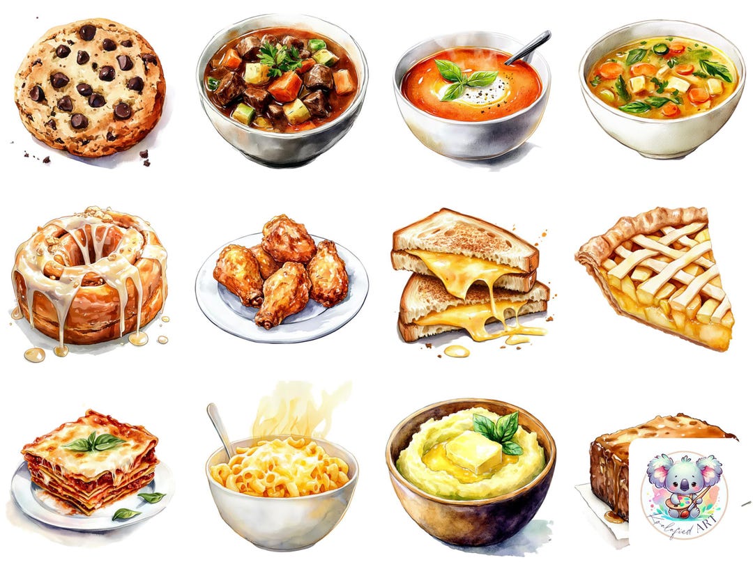Comfort Food Clipart: 48 Hand-painted PNG Illustrations (digital ...