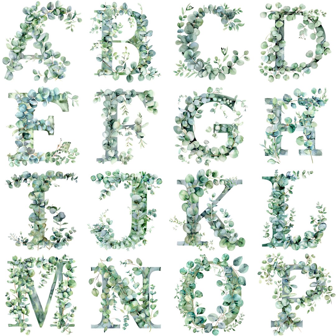 Watercolor Eucalyptus Letter Clipart: 26 Alphabet PNG (300 DPI) - Etsy
