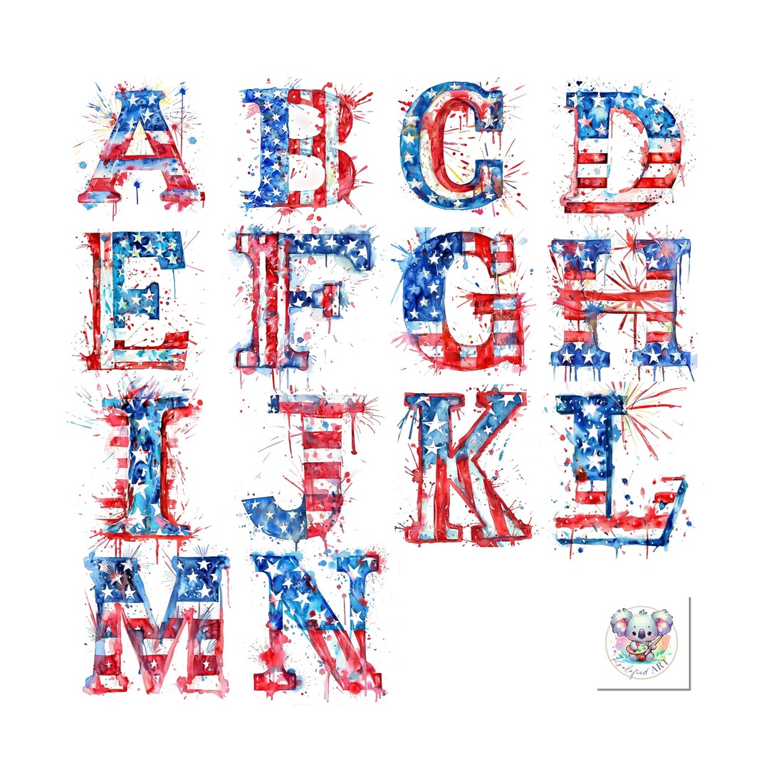Patriotic Watercolor 4th of July Letter Alphabet Clipart - Complete Set ...