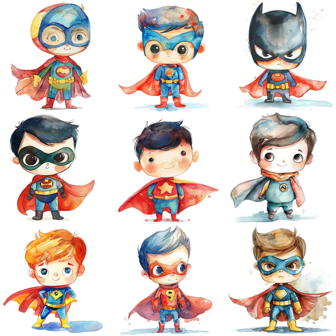 Watercolor Cute Superheroes Clipart Pngs 24 High-resolution 300 DPI ...