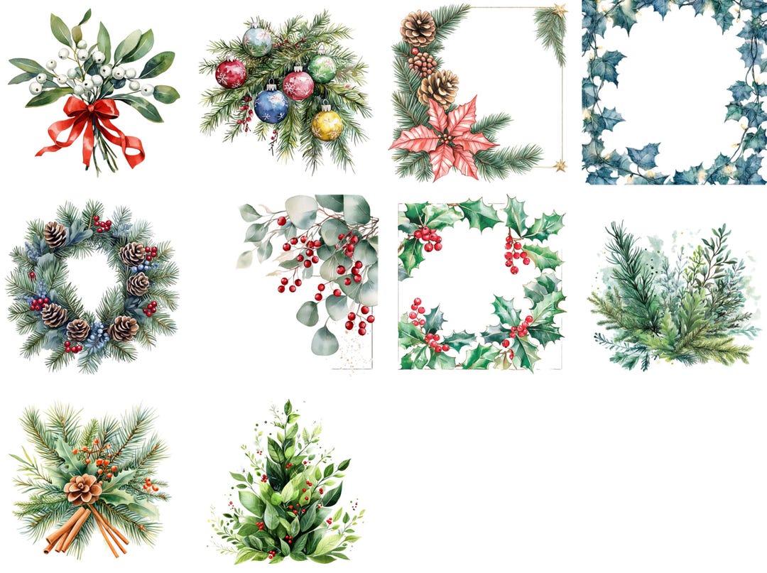 Watercolor Christmas Clipart: Holly Wreath, Winter Foliage (digital ...