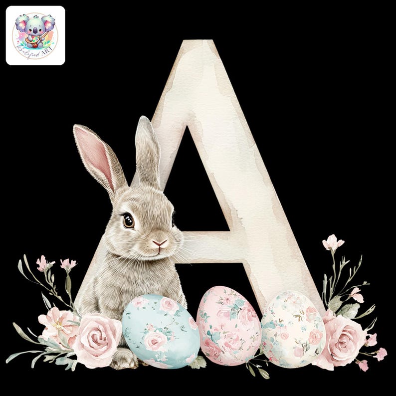Watercolor Easter Bunny Alphabet Clipart: Pastel Floral Letters (PNG ...