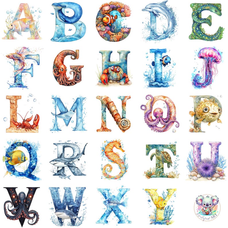 Under the Sea Alphabet Clipart: Ocean-themed Letters (digital Download ...