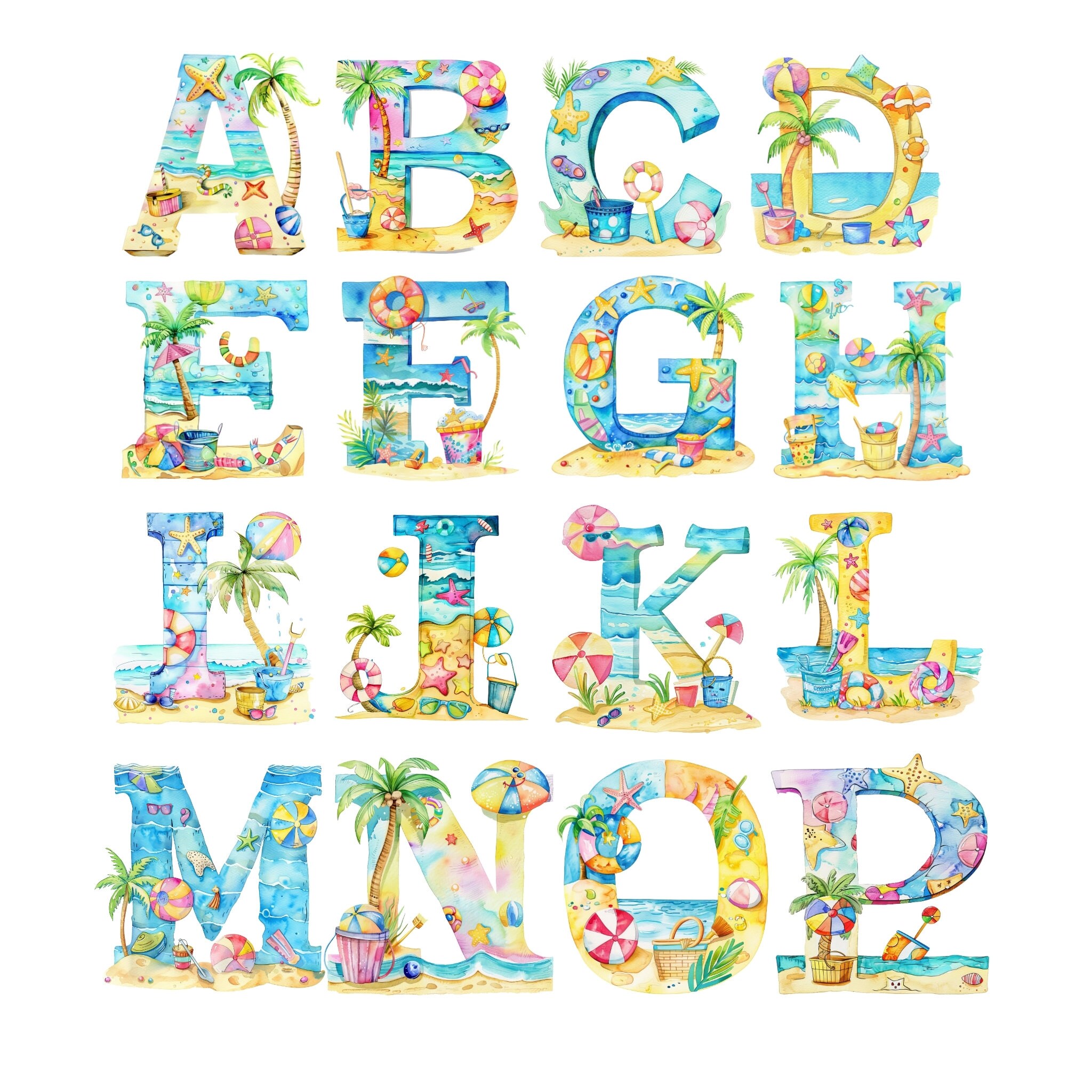 Tropical Typeface Watercolor Beach Alphabet Clipart 26 Paradise-themed ...