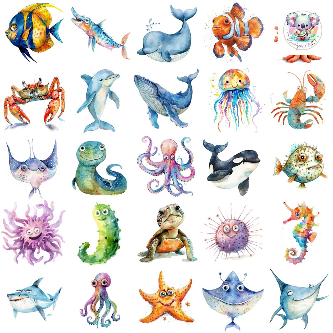 Watercolor Ocean Animals Clipart Bundle: 100 PNG Illustrations (300 DPI ...
