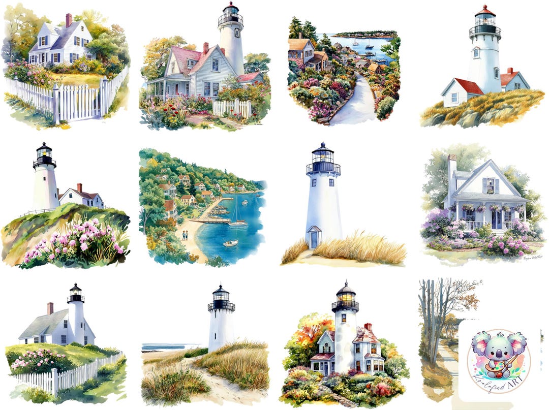 Watercolor Cape Cod Clipart: Coastal Homes & Lighthouses (PNG Digital ...