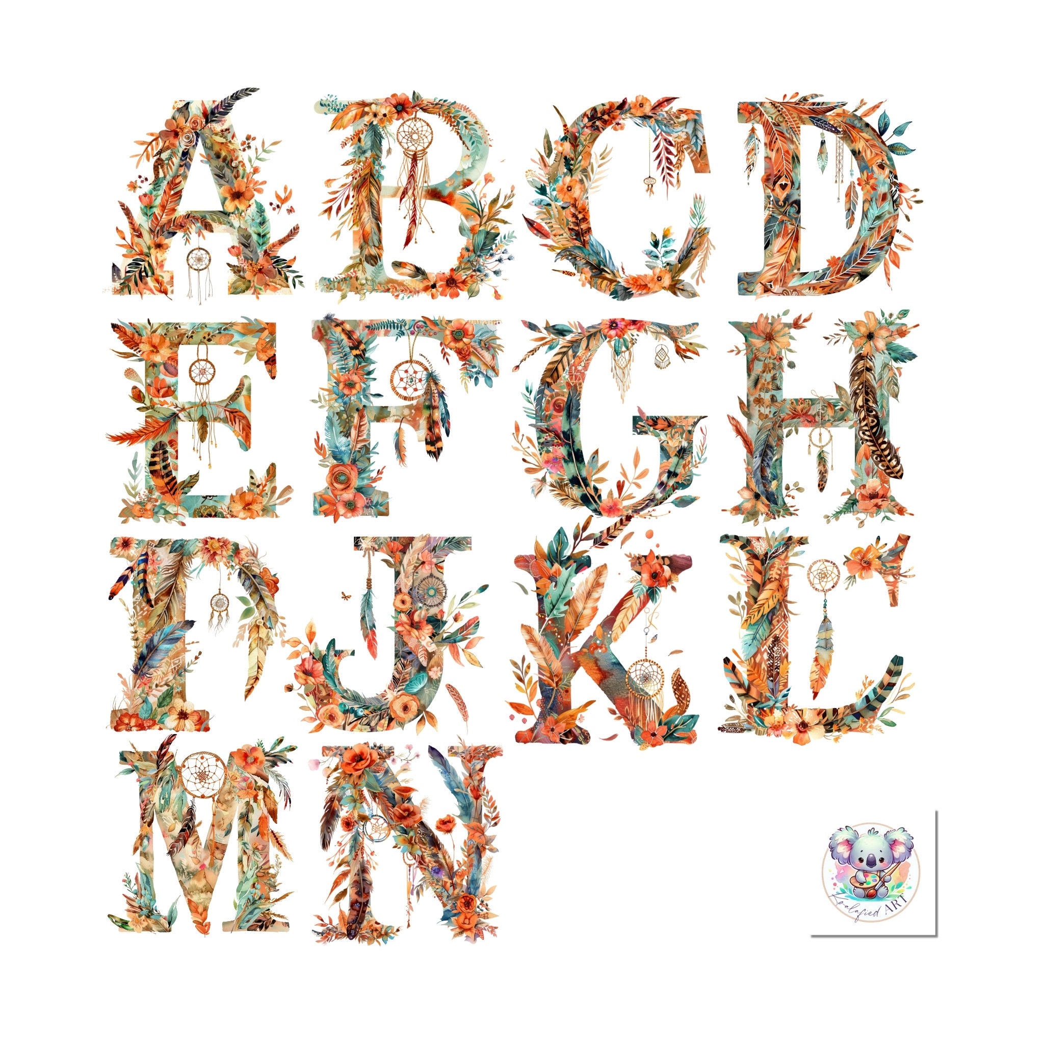 Watercolor Boho Alphabet Clipart: 26 PNG Letter Files (digital Download ...