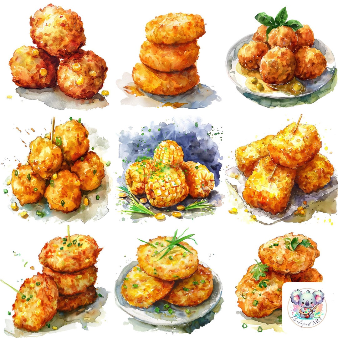 Watercolor Corn Fritters Clipart: Savory Food Illustrations (digital ...