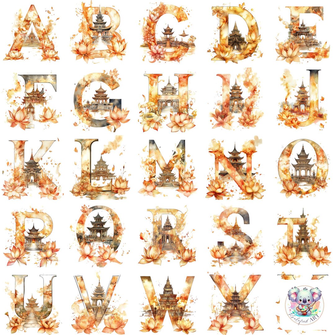 Watercolor Buddhist Wedding Alphabet Clipart: Lotus & Temple Letters ...