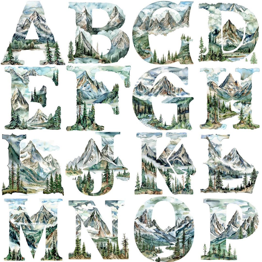 Watercolor Mountain Alphabet Clipart: 26 PNG Letters (digital Download ...