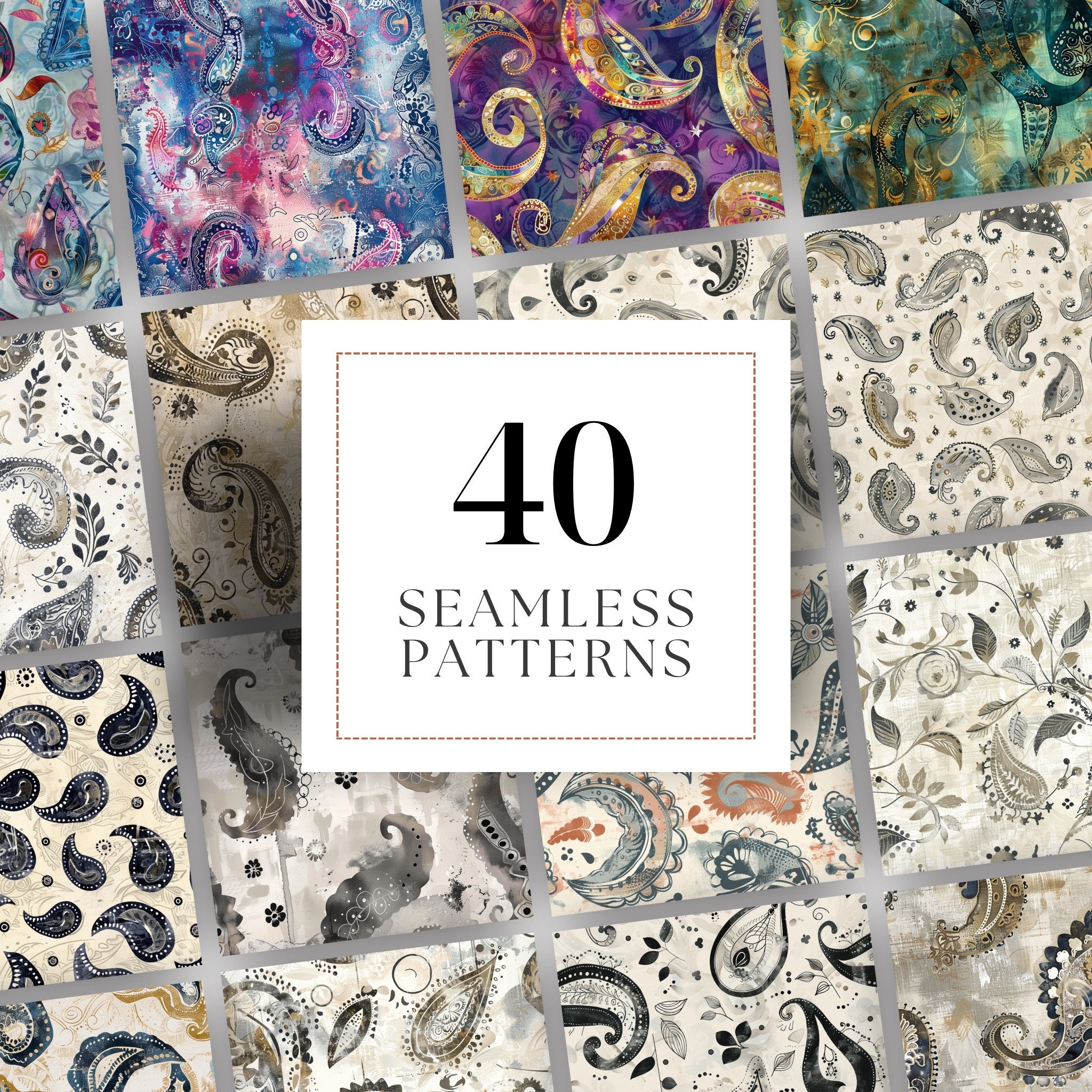 Paisley Print Parade Vibrant Seamless Pattern Digital Paper Set, 40 ...
