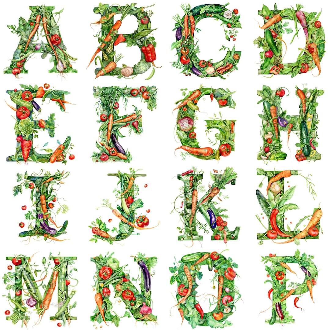 Watercolor Vegetable Letter Clipart: 26 PNG Alphabet Designs (300 DPI ...