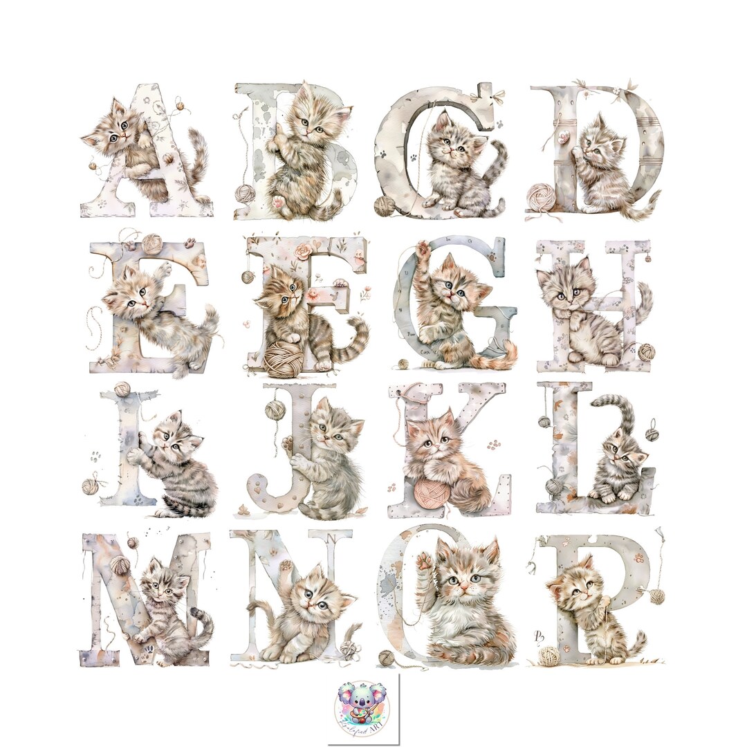 Playful Watercolor Cute Kittens Letter Alphabet Clipart - 26 Unique Cat ...