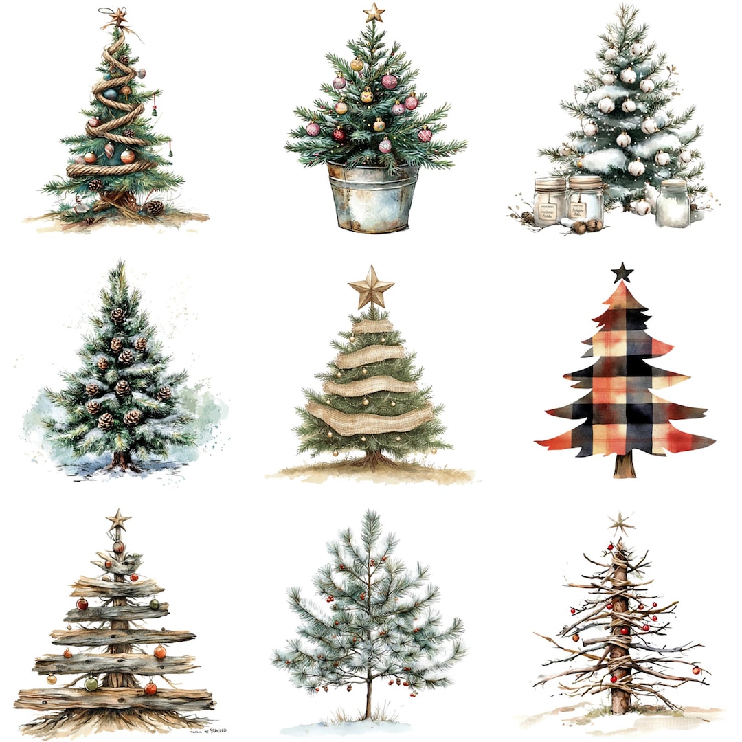 Watercolor Rustic Christmas Tree Clipart PNG: 36 Farmhouse Holiday ...