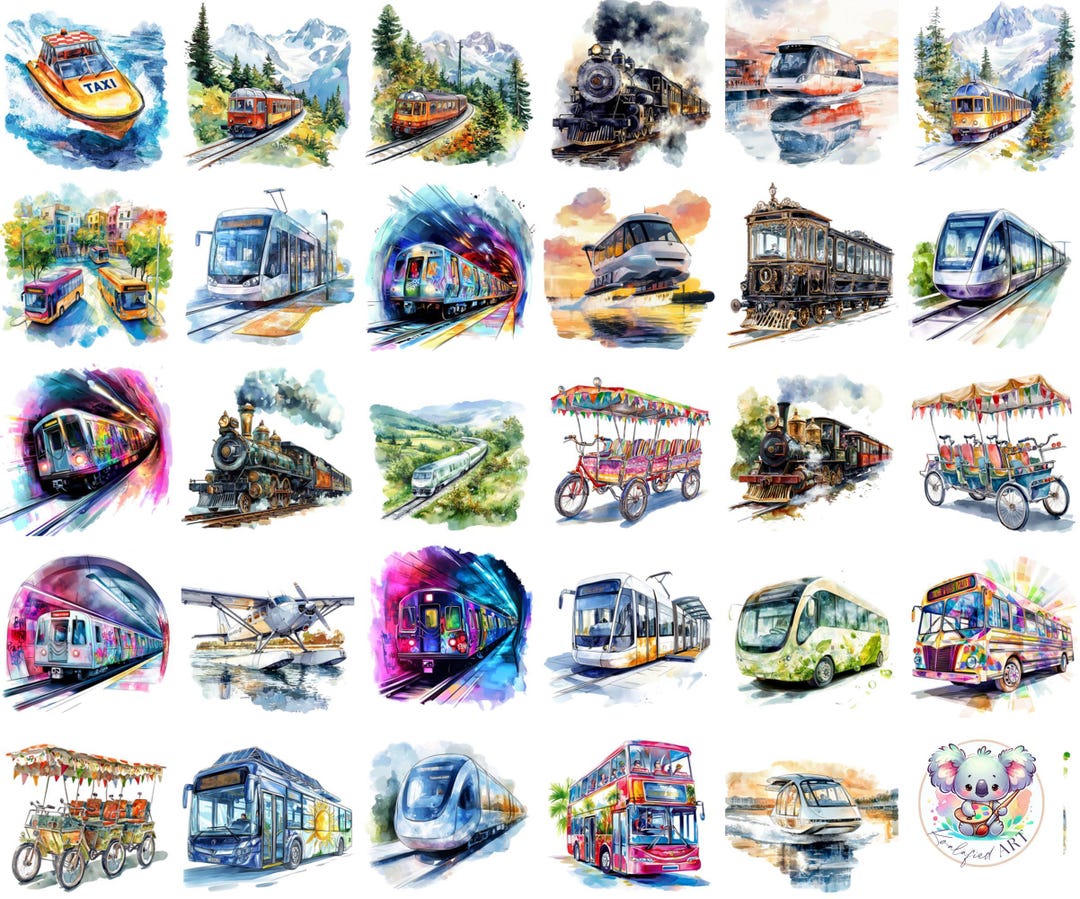 Watercolor Public Transport Clipart: Trains, Buses, Boats (PNG Digital ...