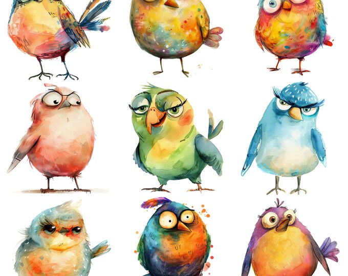 Quirky Birds Clipart Set - Cute and Funny Watercolor Birds PNG, Digital ...