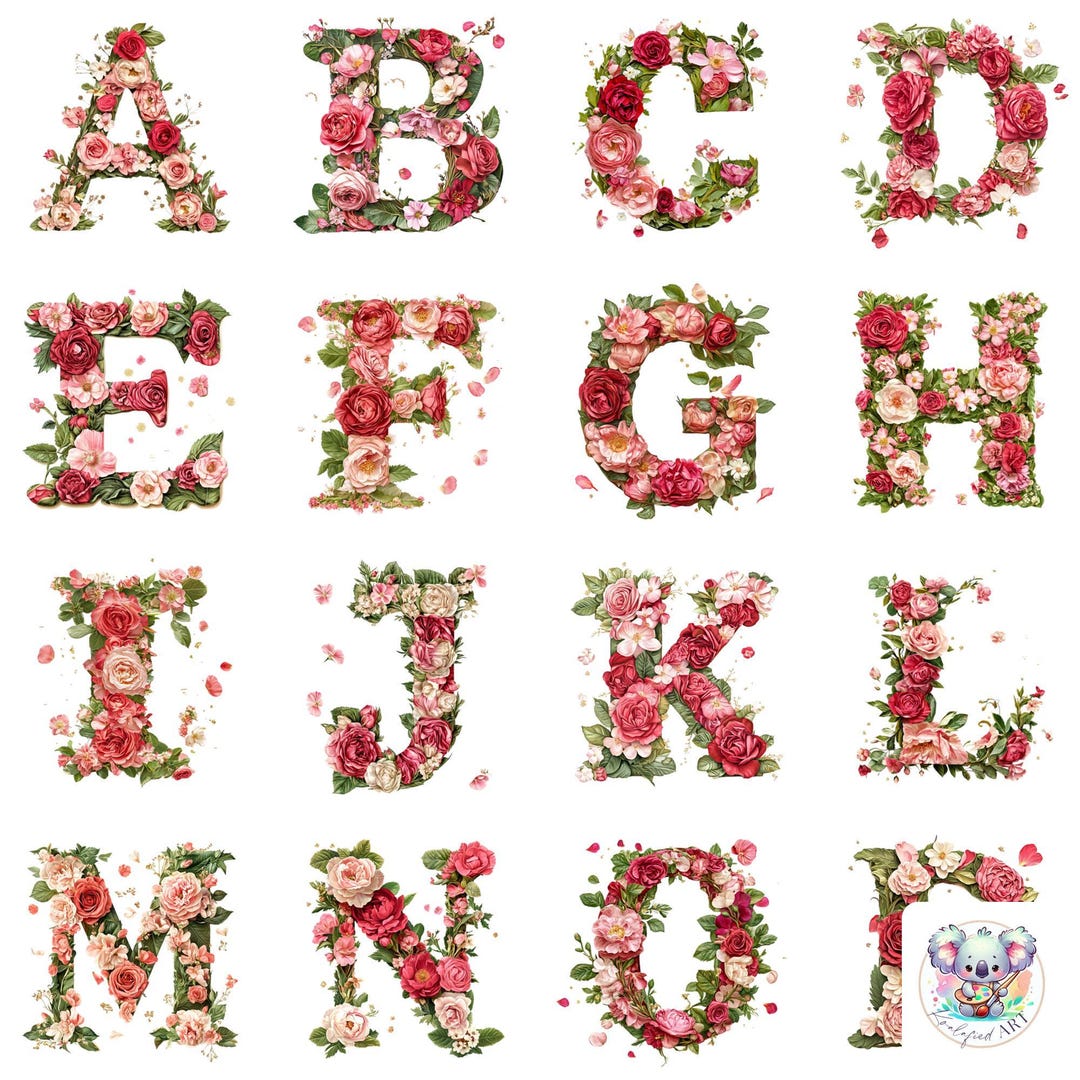 Flower Valentine Alphabet Clipart – Romantic Floral Letters for ...