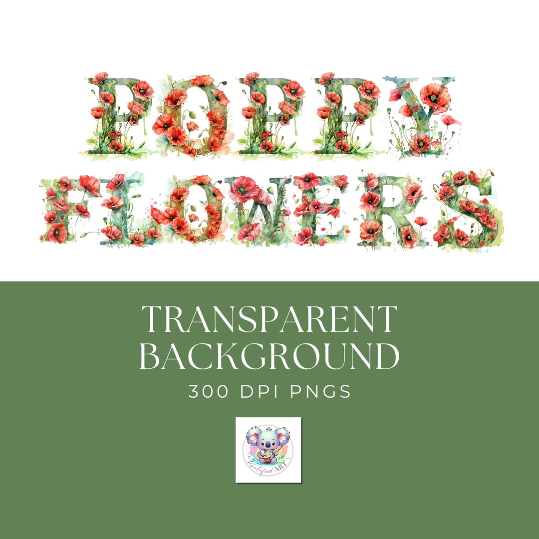 A-Z Watercolor Anzac Day Poppy Alphabet Clipart Set, 300 DPI Pngs ...