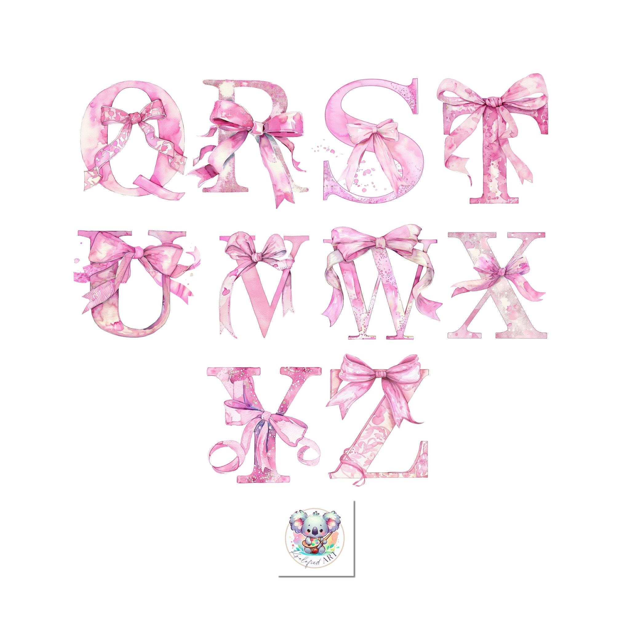 Watercolor Coquette Pink Bow Letter Alphabet Clipart Elegant 300 DPI ...