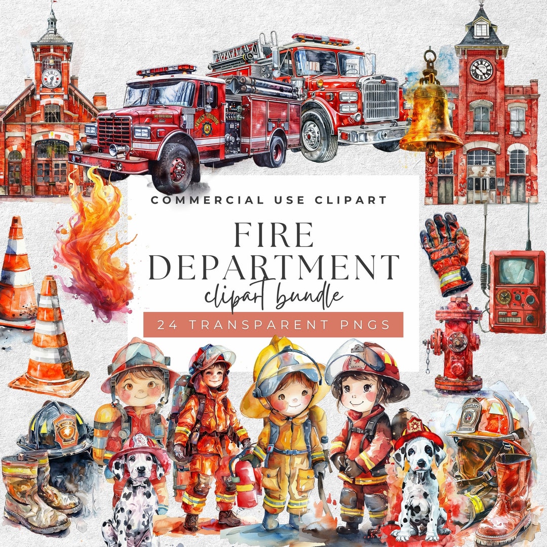 Watercolor Fire Department Clipart 24 Firetruck & Gear Pngs Firefighter ...