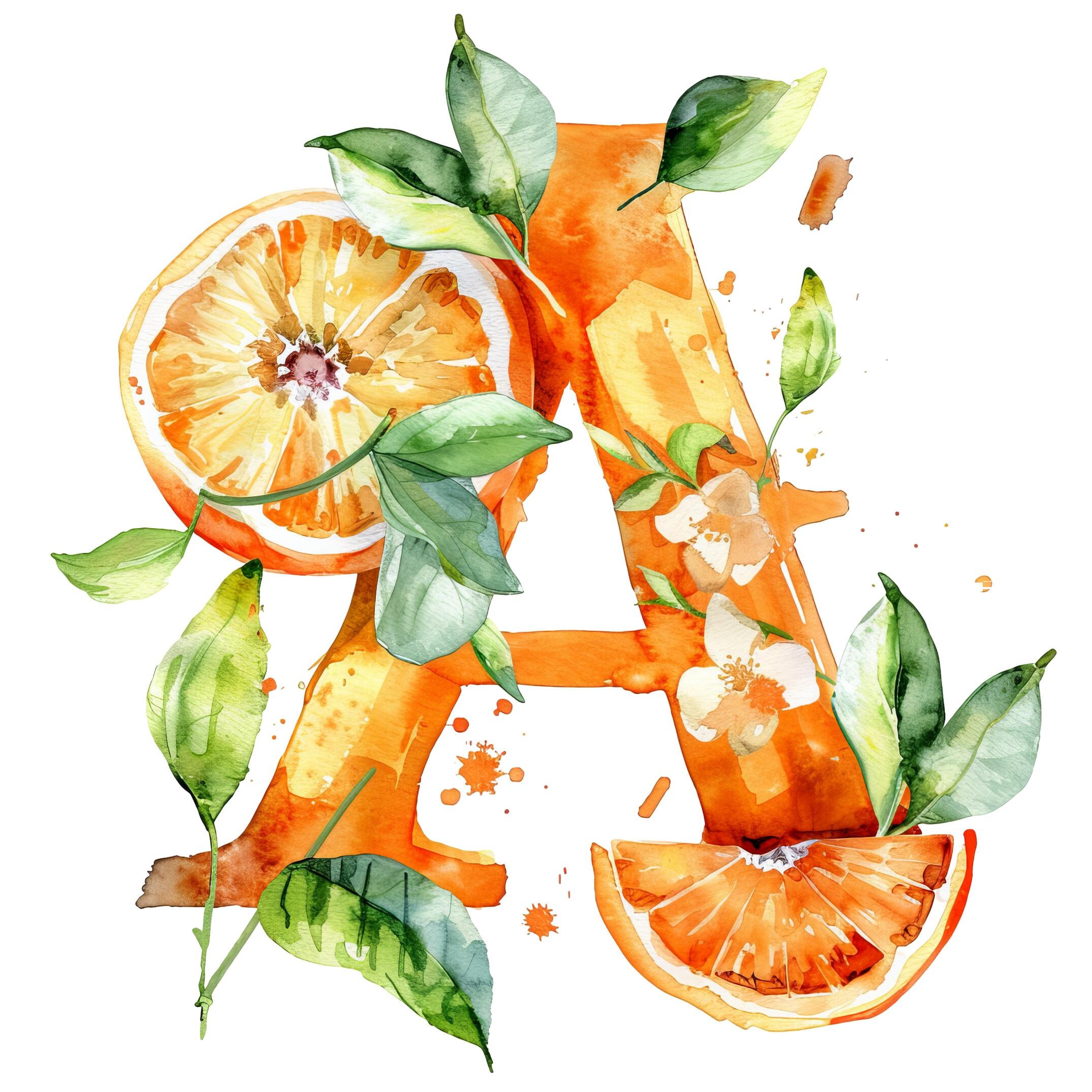 Premium Watercolor Orange Fruit Letter Alphabet Cliparts Pngs Bundle 26 ...