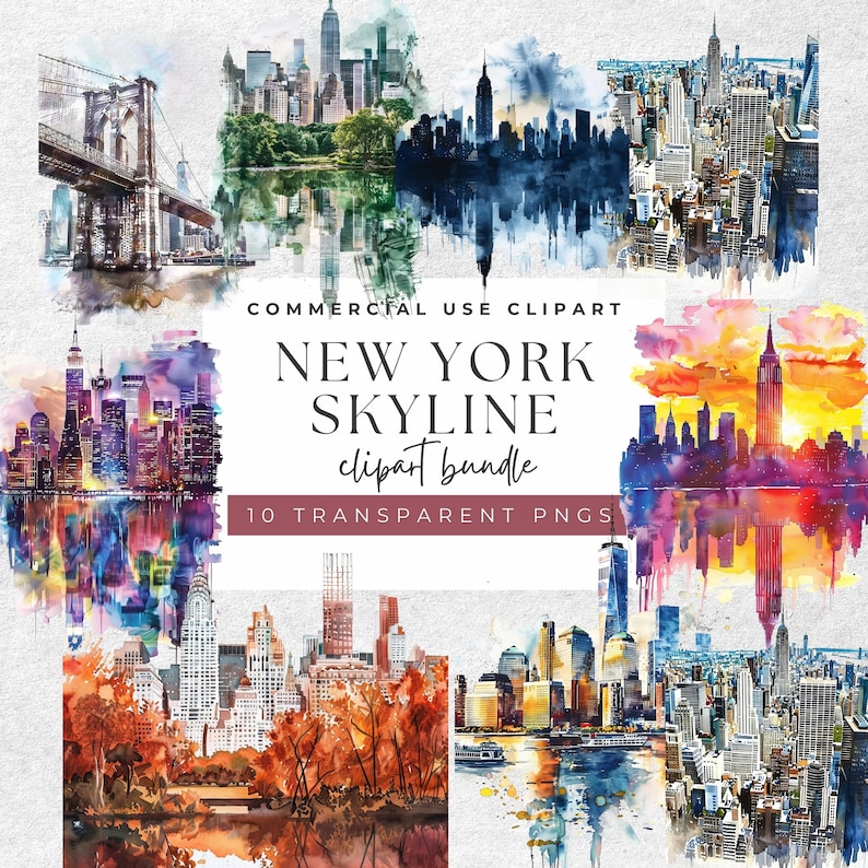 New York Skyline Watercolor Clipart 4 Seasons Bundle 10 Watercolor ...