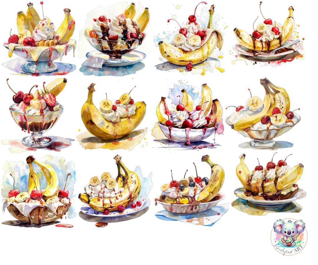 Watercolor Banana Split Clipart: 30 Dessert Illustrations (PNG Digital ...