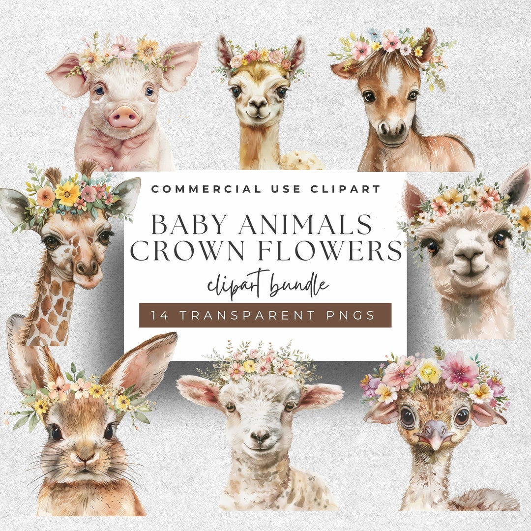 Watercolor Flower Crown Animals Clipart: Whimsical Wildlife (300 DPI ...