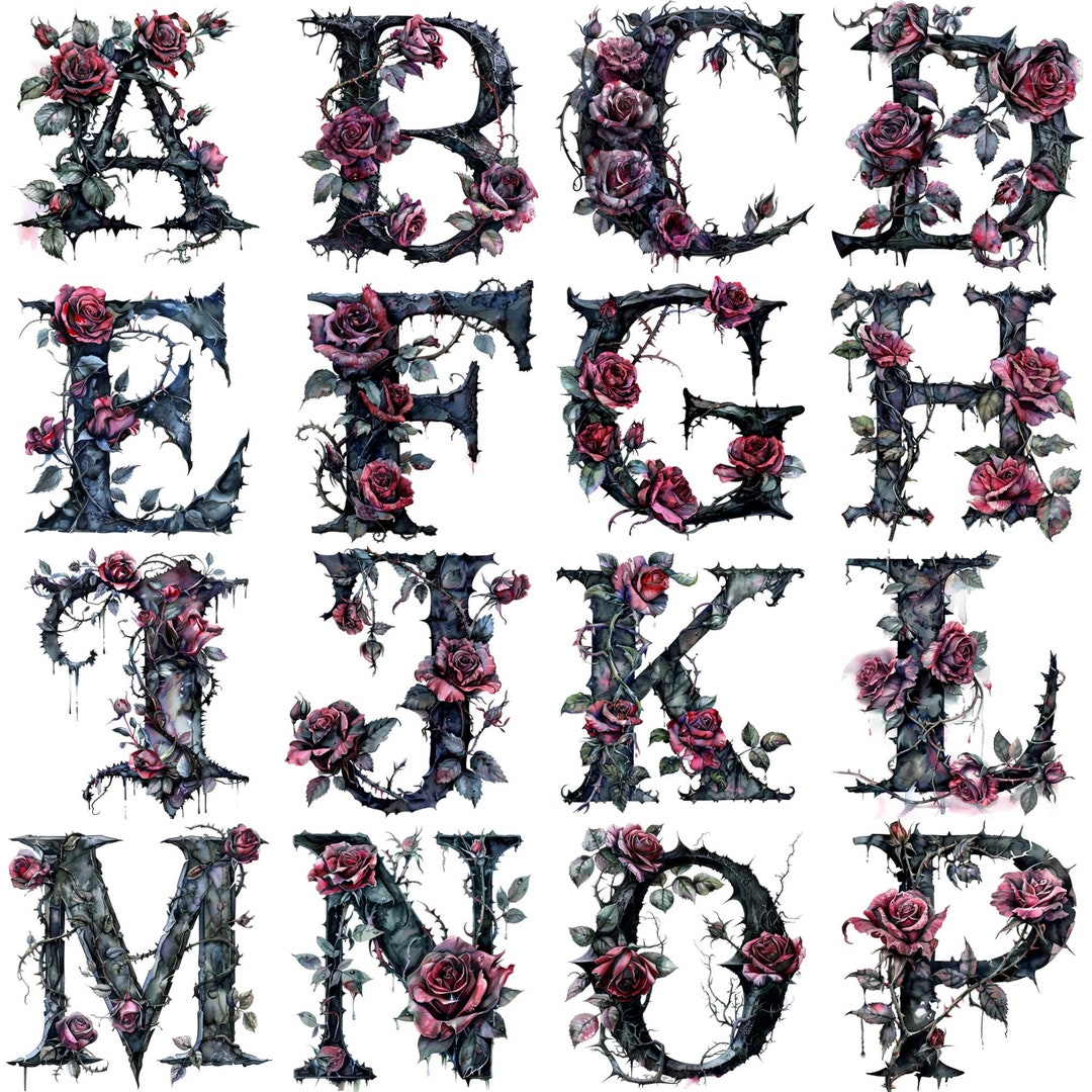 Watercolor Gothic Rose Alphabet Cliparts: 26 PNG Designs (digital ...