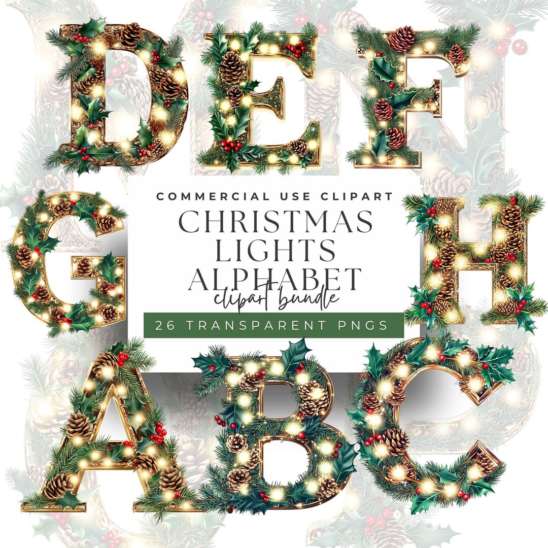 Christmas Lights Alphabet Clipart: Festive Holiday Letters (PNG Digital ...