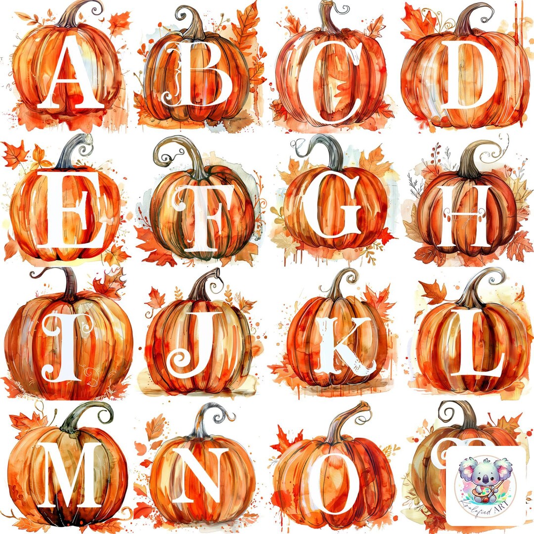 Watercolor Autumn Pumpkin Alphabet Clipart PNG: 26 High-resolution 300 ...