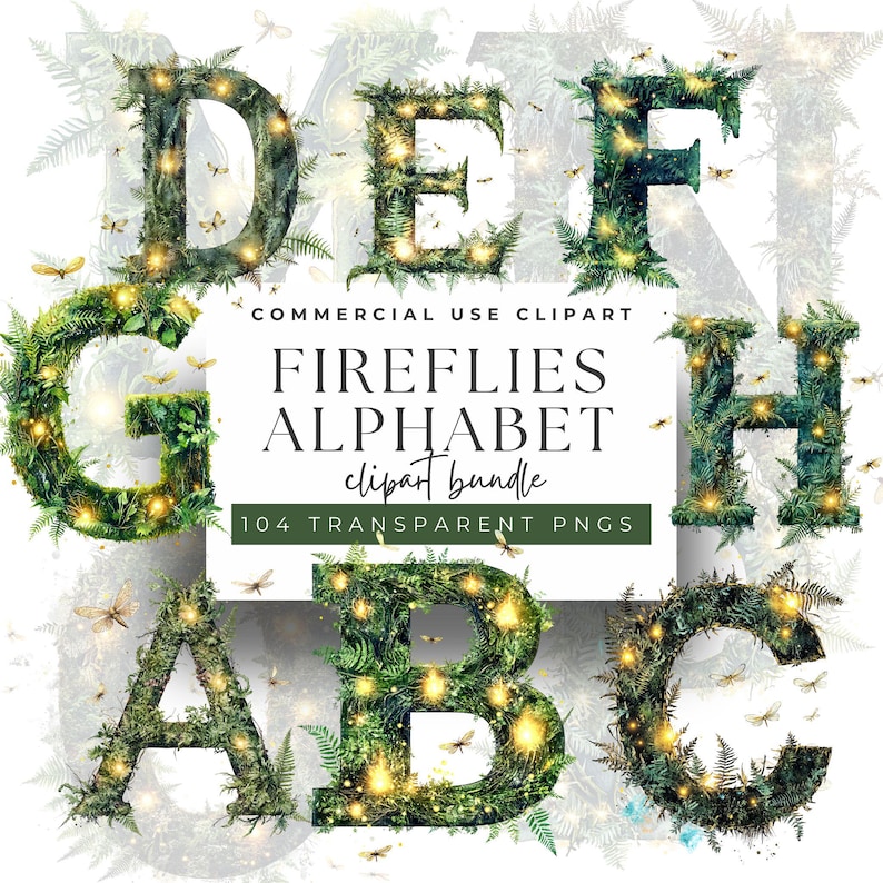Firefly Alphabet Clipart PNG: Watercolor Glowing Letters, Nursery ...
