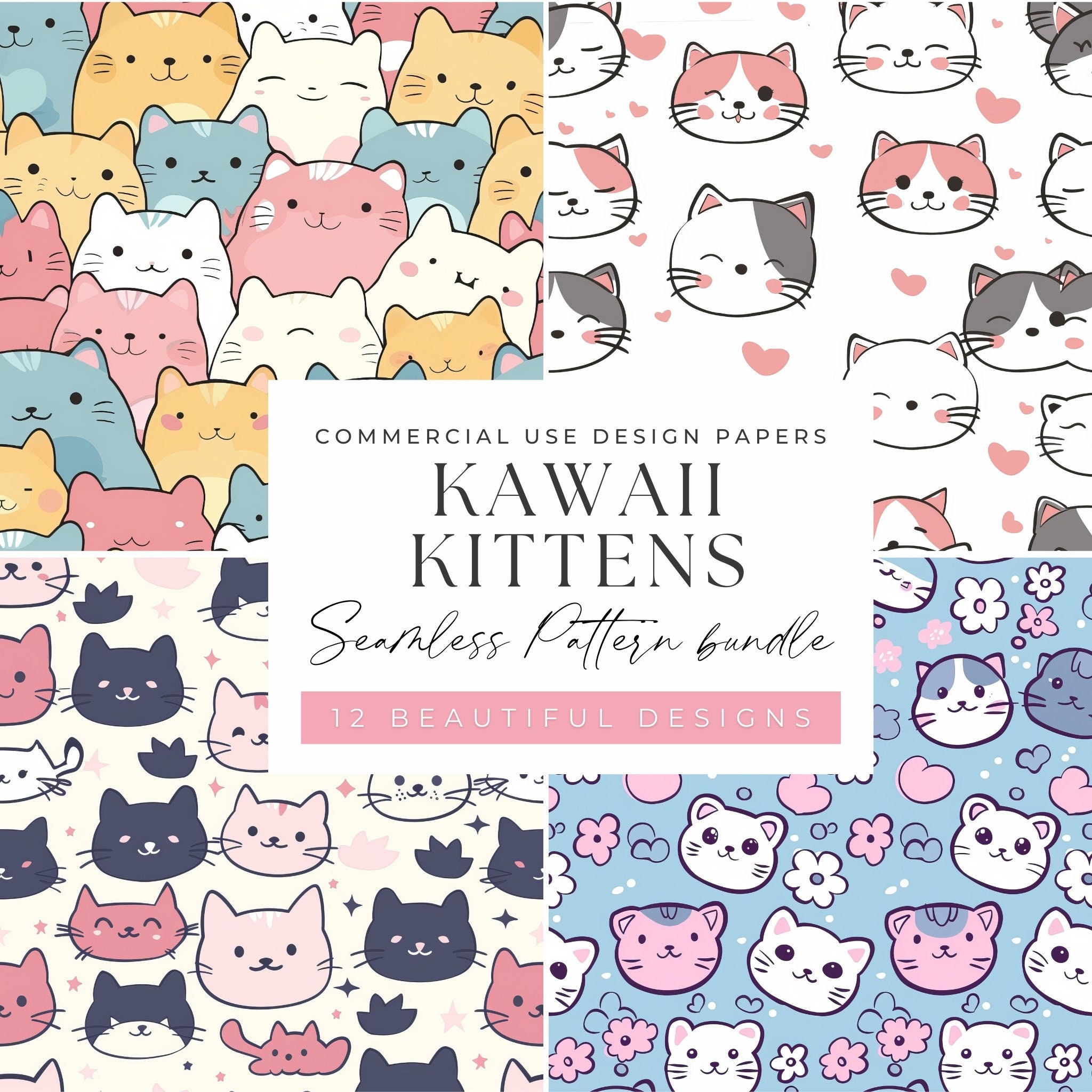 Kawaii Cat Seamless Paper – 12 Cute Kitten Designs (digital Download ...