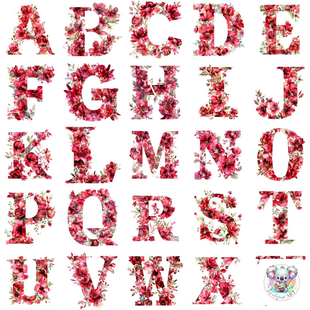 Red Roses Alphabet Clipart: Floral Letters A to Z for Crafts - Etsy