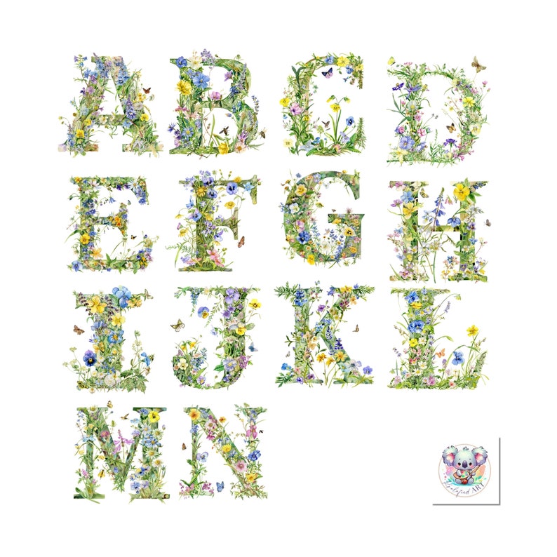 Botanical Letters Watercolor Wildflowers Alphabet Clipart Collection 26 ...