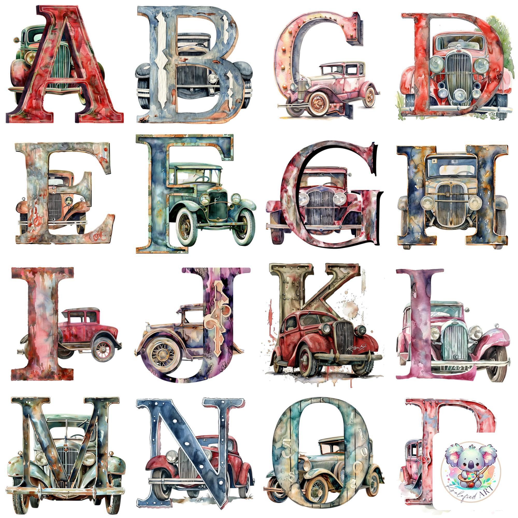 Vintage Car Alphabet Clipart: 26 Auto Typography PNG Images (digital ...