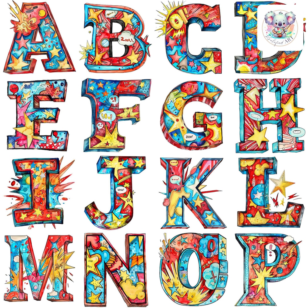Colorful Watercolor Comic Pop Art Letter Alphabet Cliparts Pngs - 26 ...