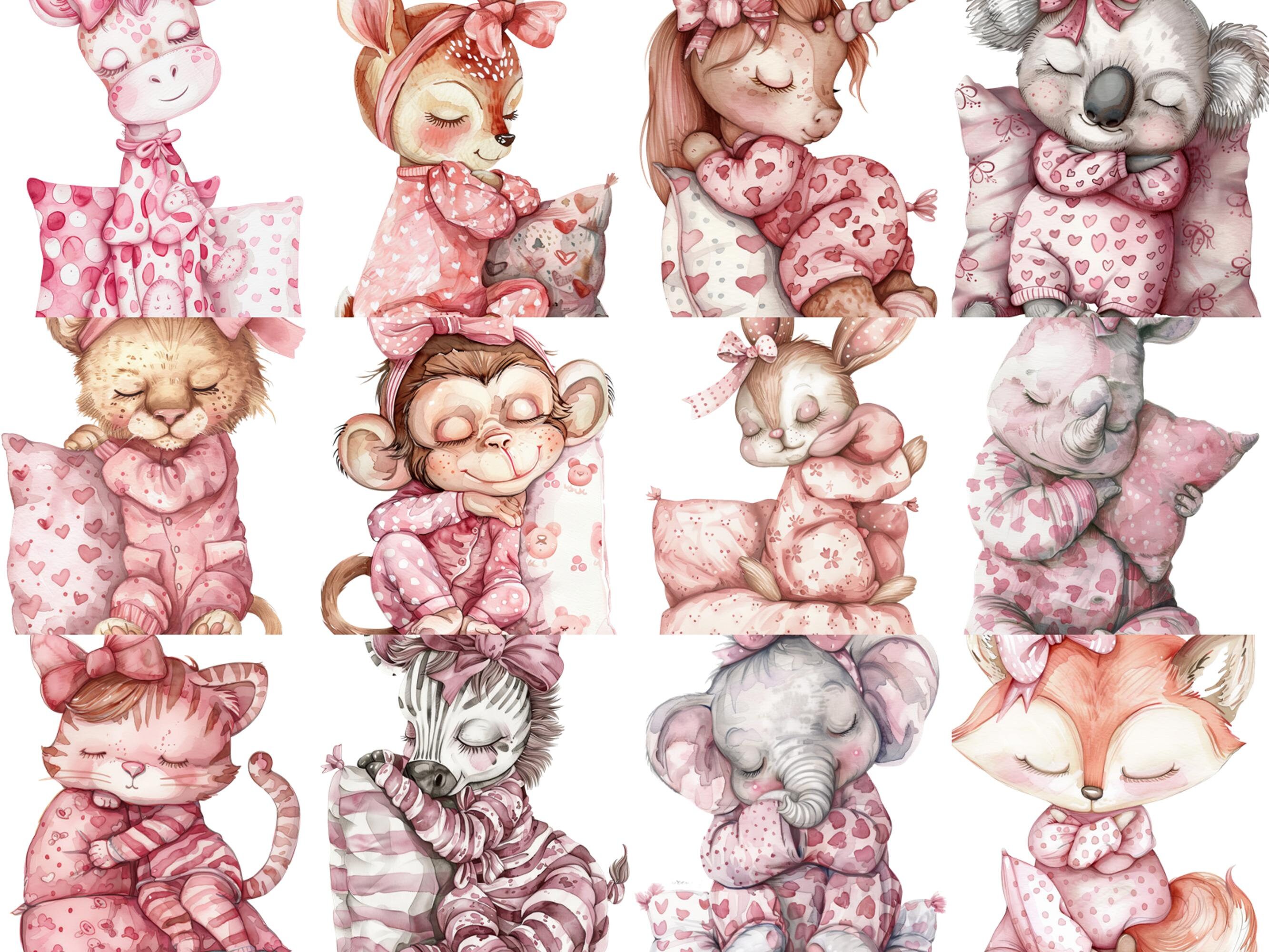 Watercolor Sleepy Baby Animals Clipart: 12 Cute Animal Pngs in Pink ...