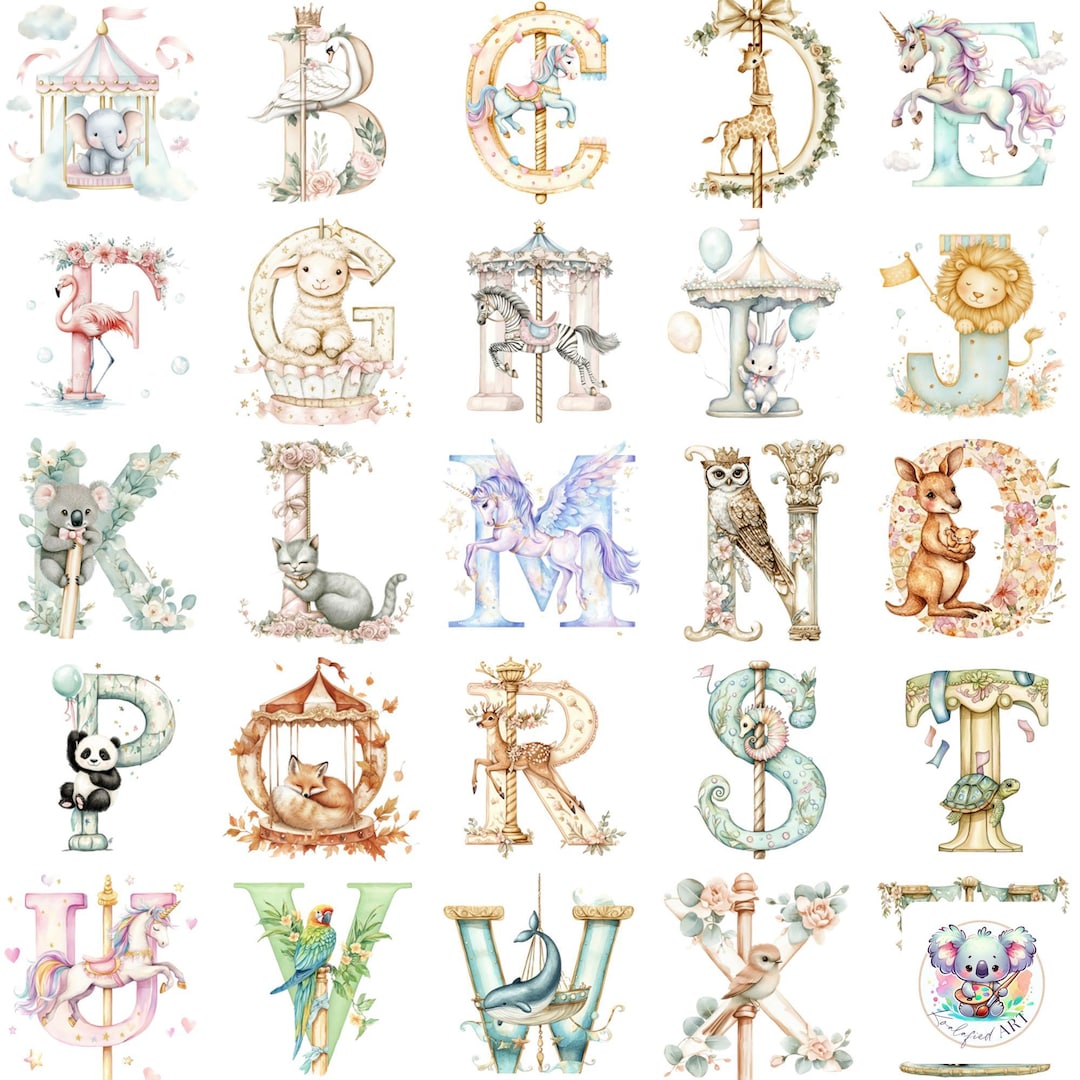 Carousel Animal Alphabet Clipart: Watercolor A-Z Letters (digital Art ...