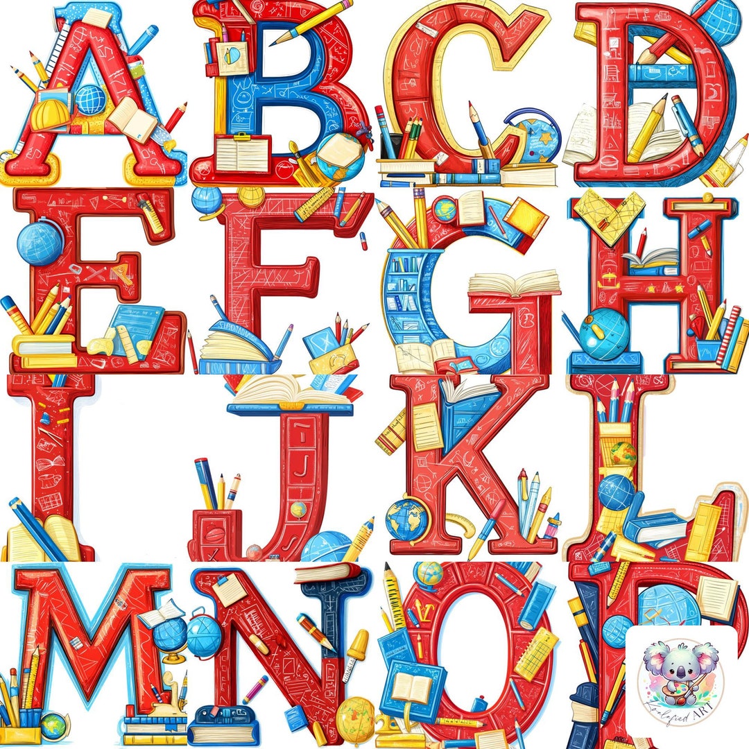 Classroom Alphabet Clipart: A-Z School Supply Letters (PNG Digital ...