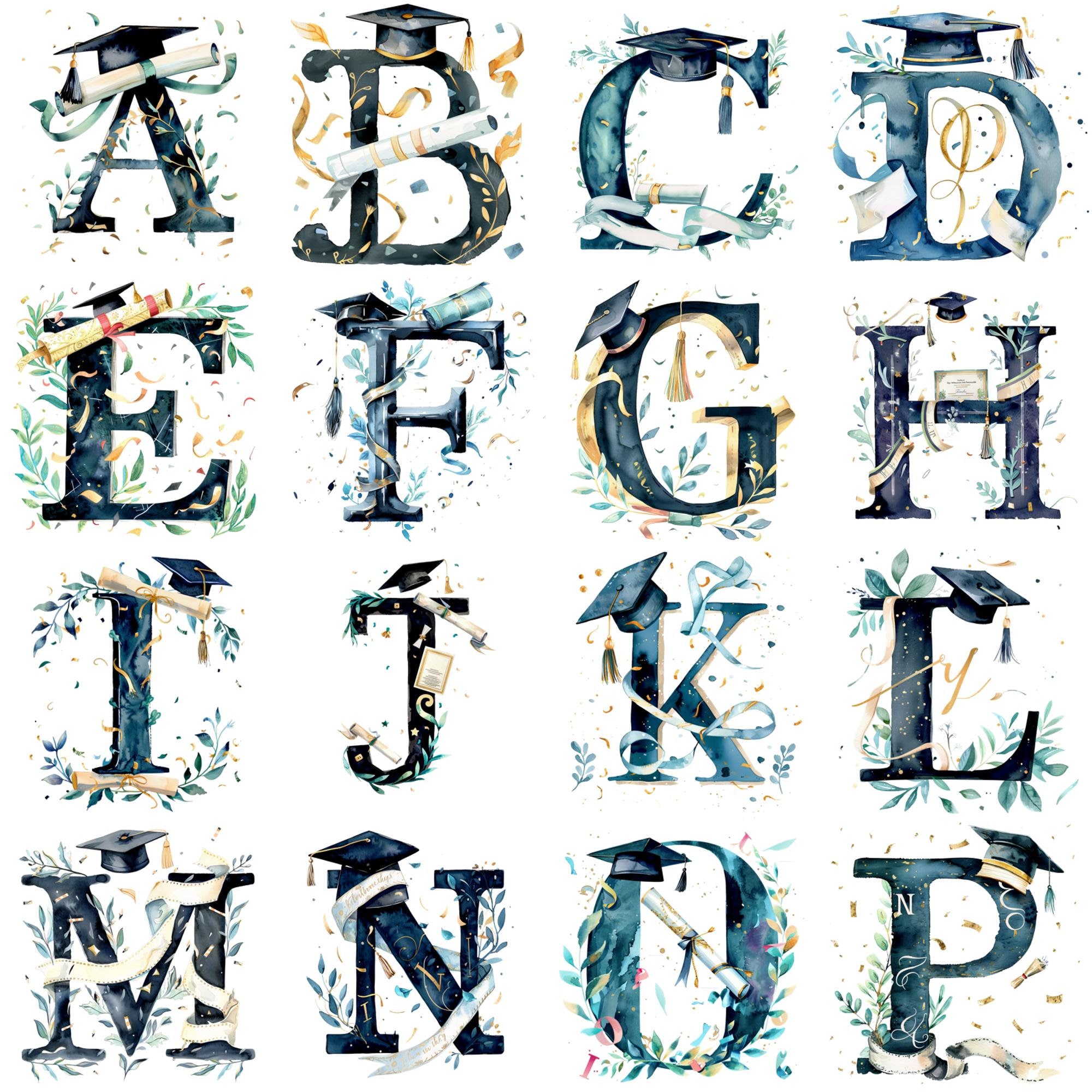 Watercolor Graduation Letter Alphabet Clipart PNG 26 High-resolution ...