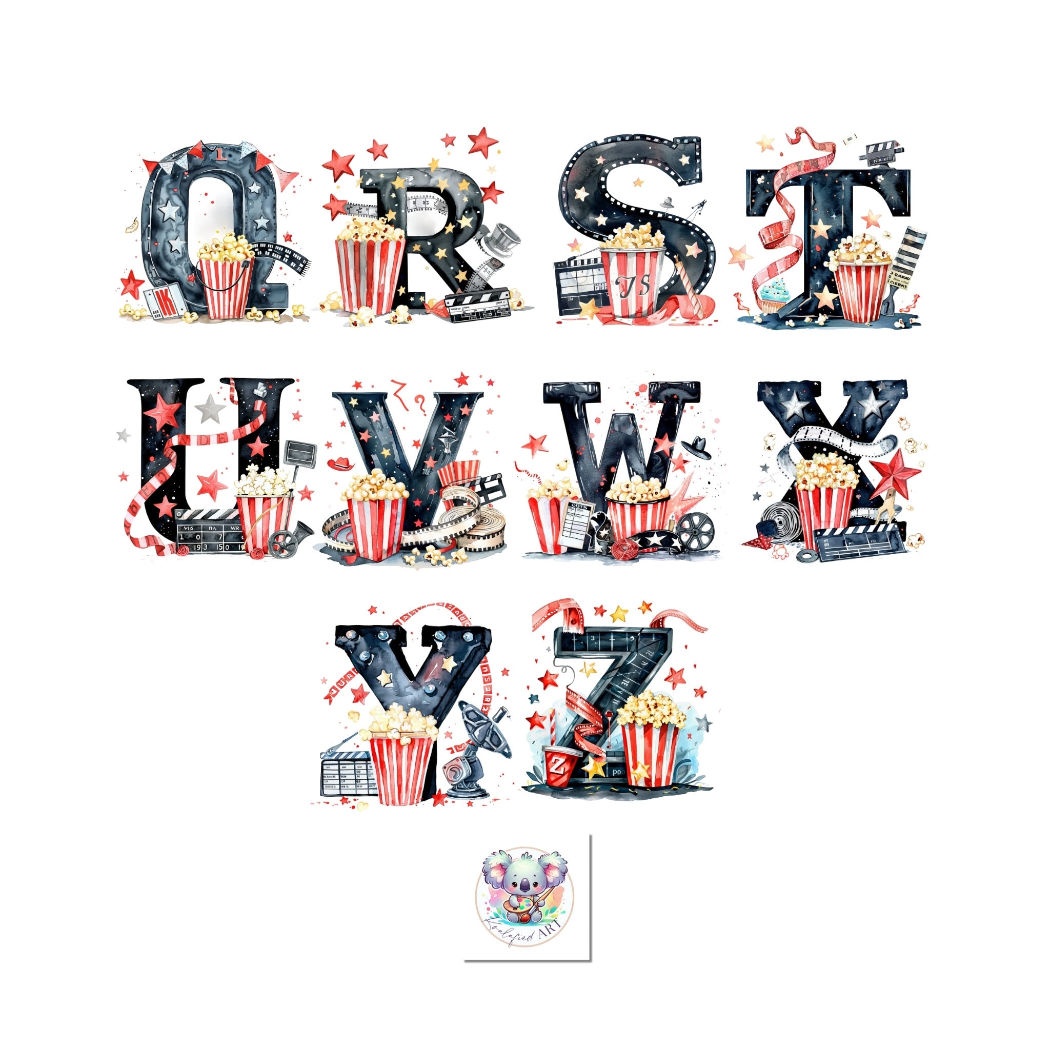 Cinematic Watercolor Movie Night Letter Alphabet Clipart 26 Transparent ...