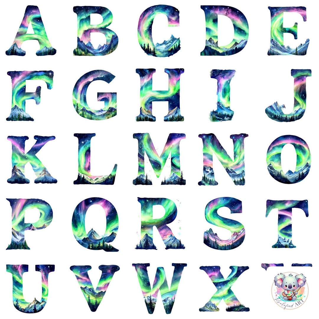 Northern Lights Alphabet Clipart, Watercolor Aurora Letters (PNG) - Etsy