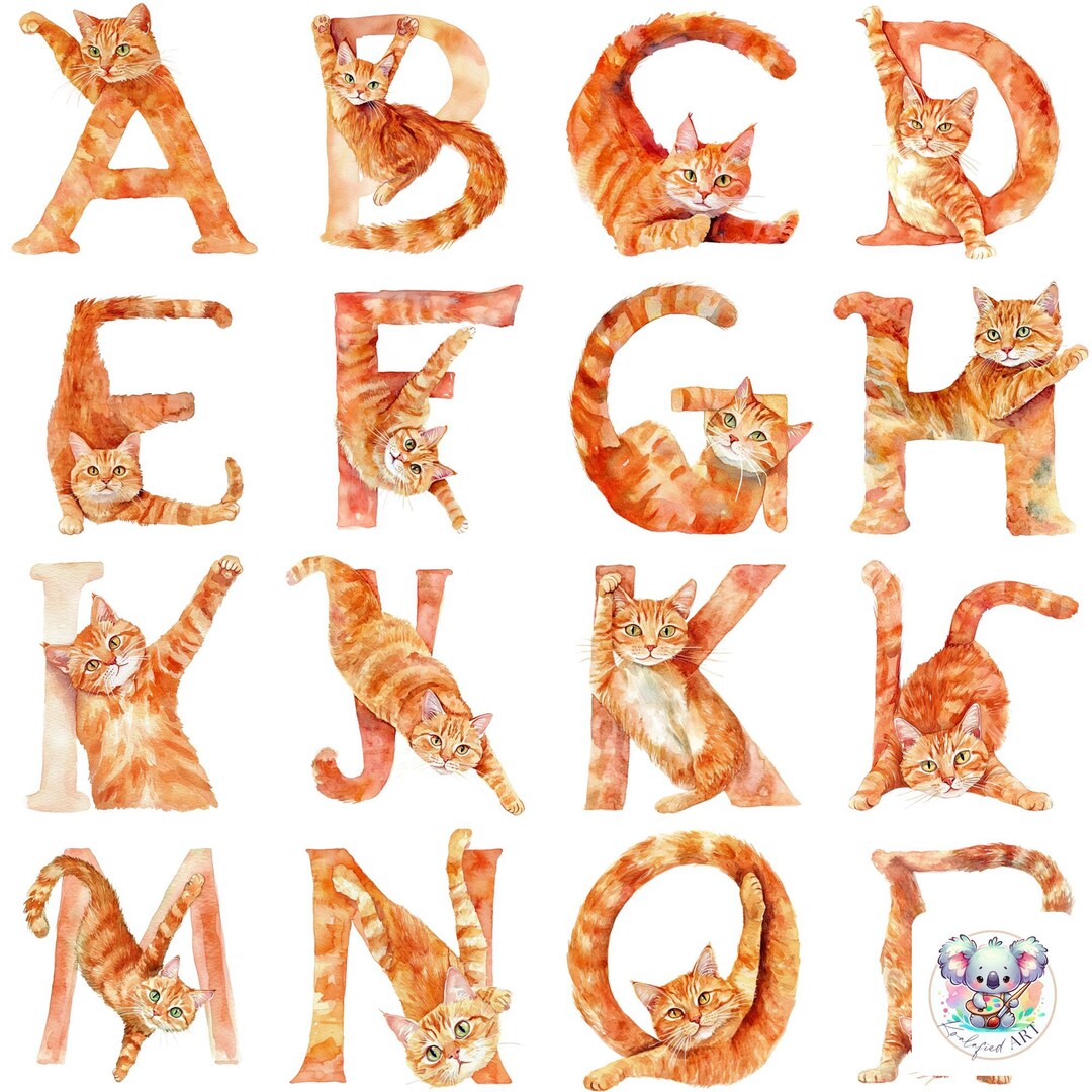 26 Ginger Cat Alphabet Clipart Cute Watercolor Orange Cat Letters A-Z ...