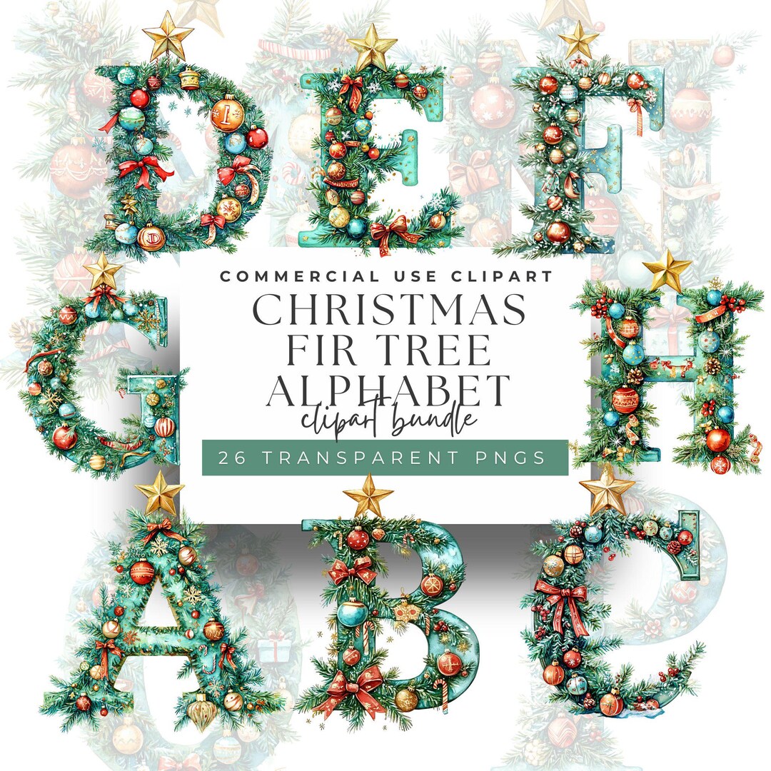 Christmas Fir Tree Alphabet Clipart PNG, 26 Watercolor Evergreen ...
