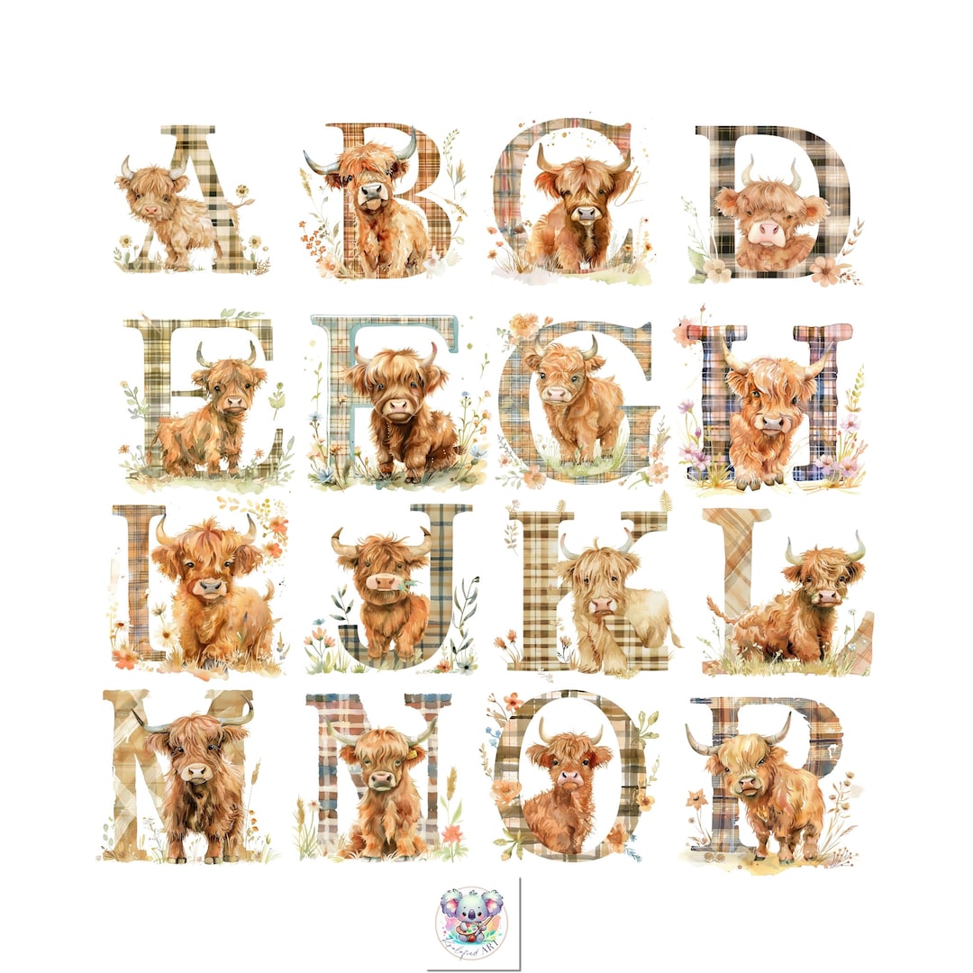 Rustic Highland Cow Letter Clipart - 26 Watercolor Alphabet Pngs ...