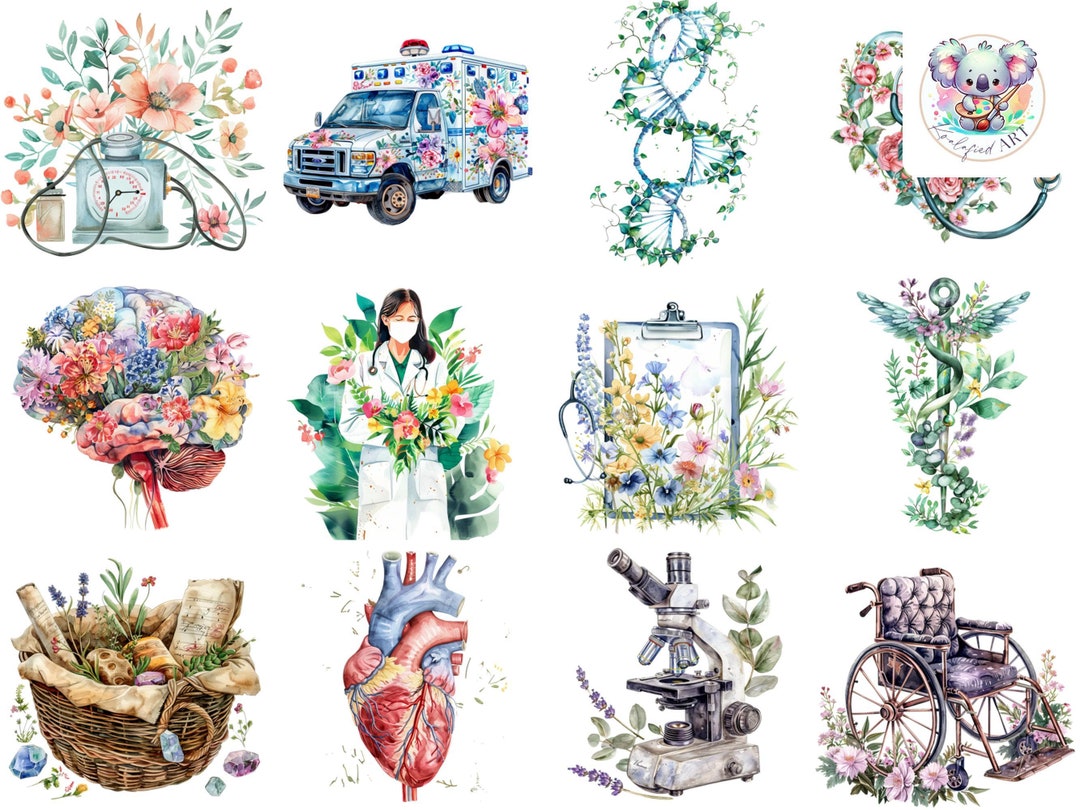 Watercolor Boho Medical Clipart: Floral Illustrations (PNG, 300 DPI) - Etsy